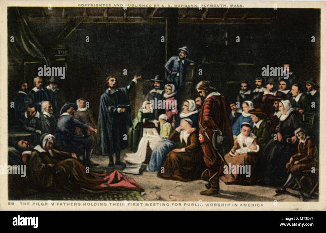 An artistic depiction of the Pilgrim Fathers holding their first ...