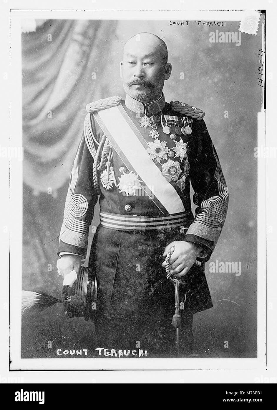 This portrait features Count Terauchi, a historical Japanese military ...