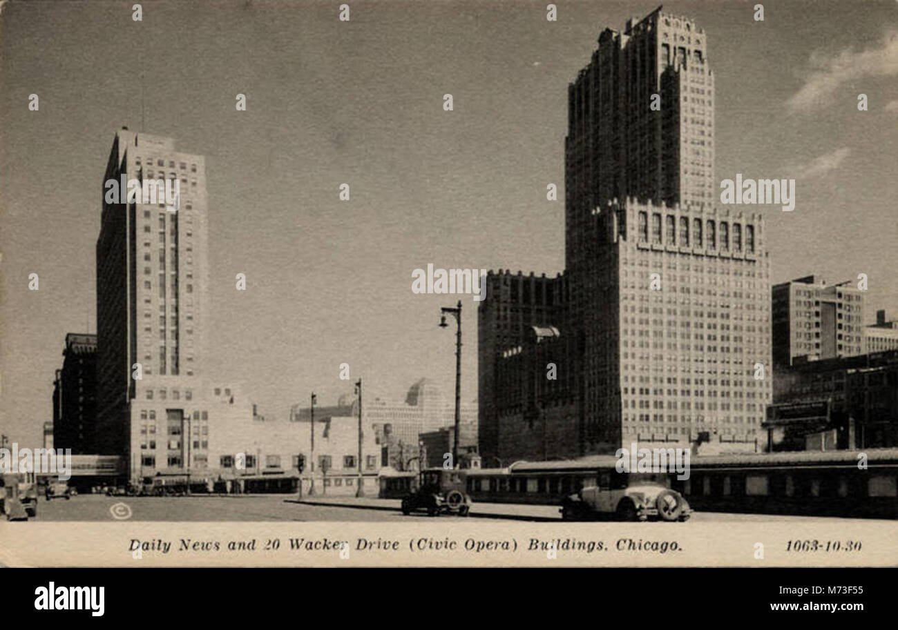 A photograph showing the Daily News building and the Civic Opera ...