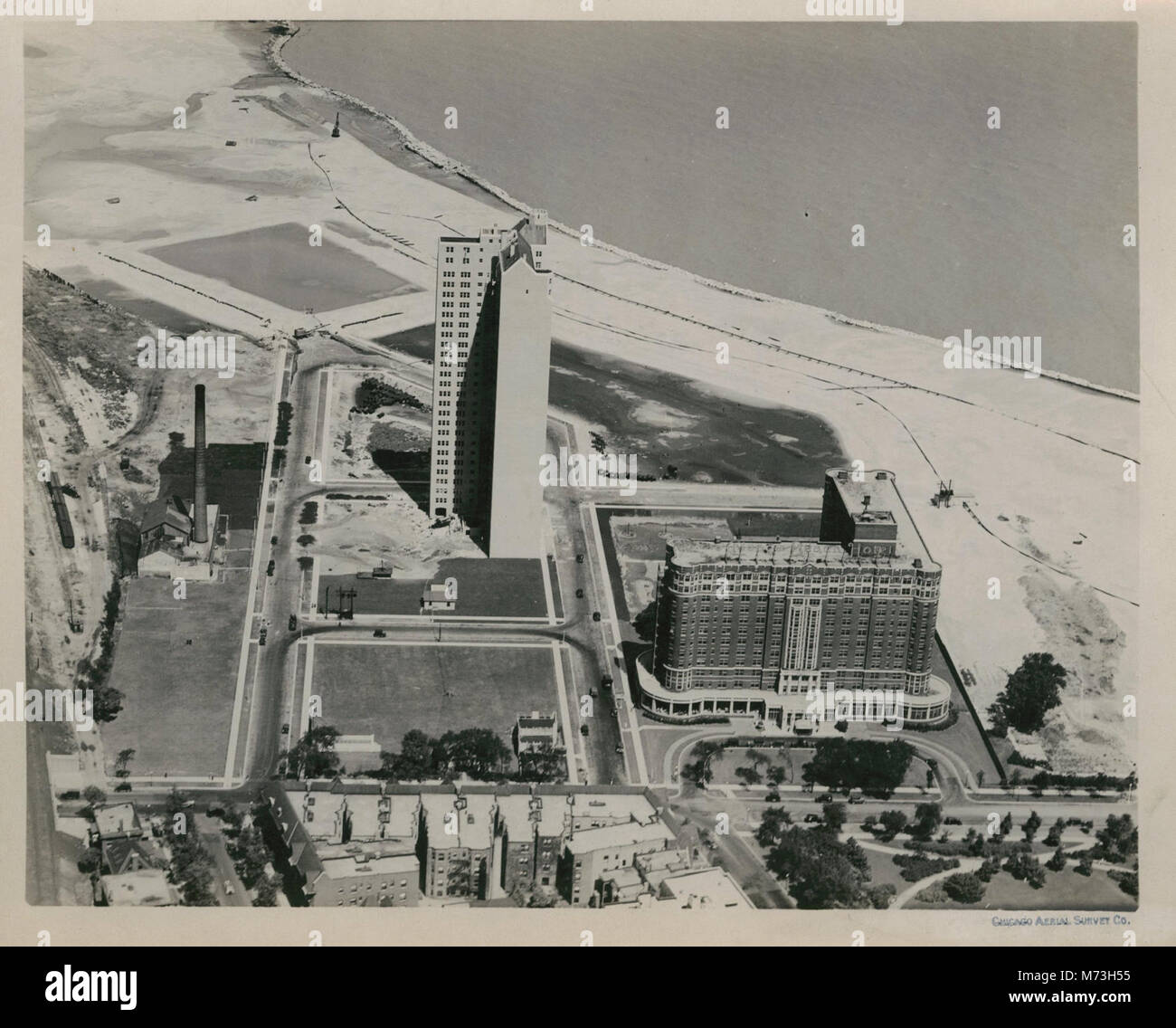 An aerial photograph of the Chicago Beach Hotel in 1928, showcasing the ...