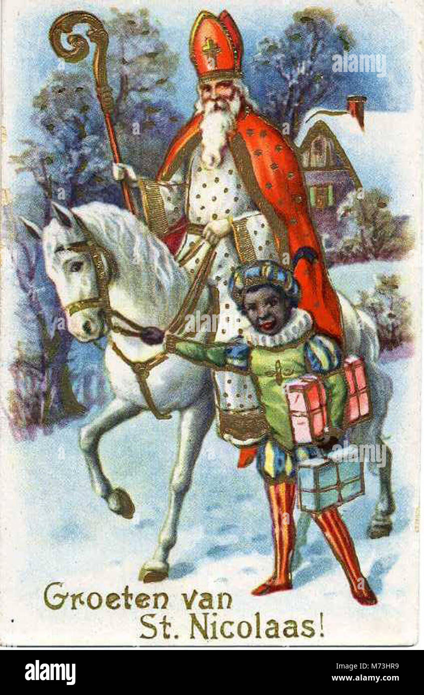 This image depicts St. Nicholas, dressed in a white robe and orange cap ...