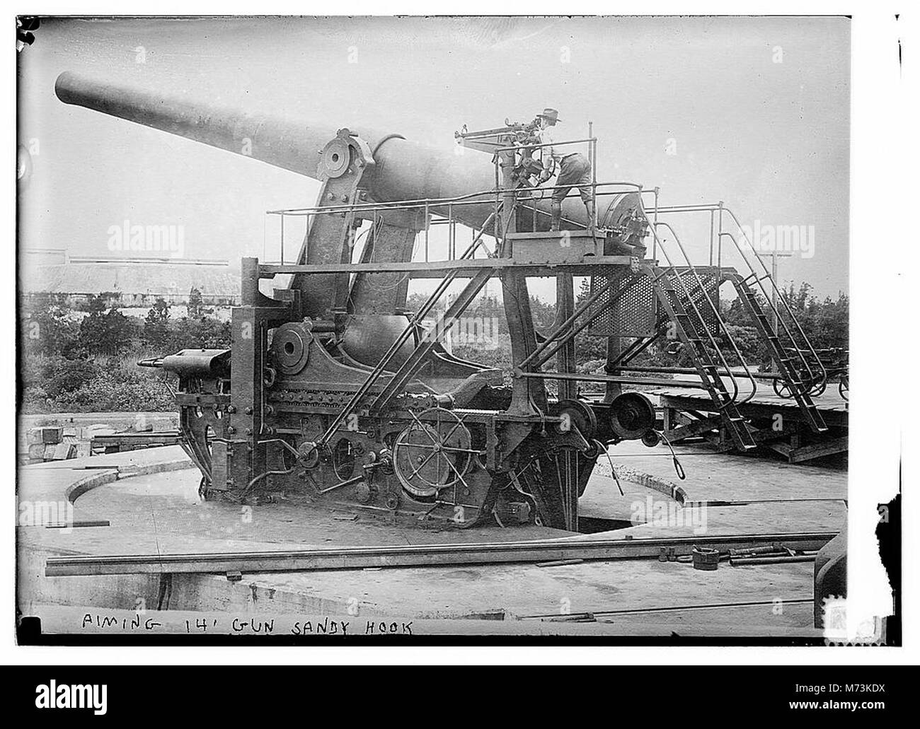 This photograph shows a 14-foot gun being aimed at Sandy Hook ...