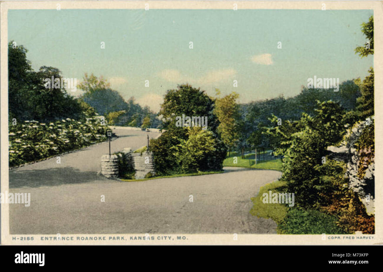 The entrance to Roanoke Park in Kansas City, Missouri, captured in a ...