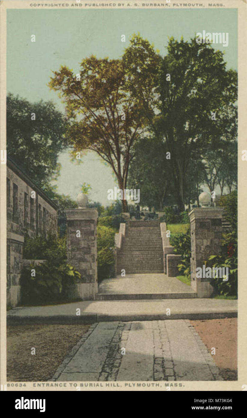 The entrance to Burial Hill, a historic cemetery in Plymouth ...