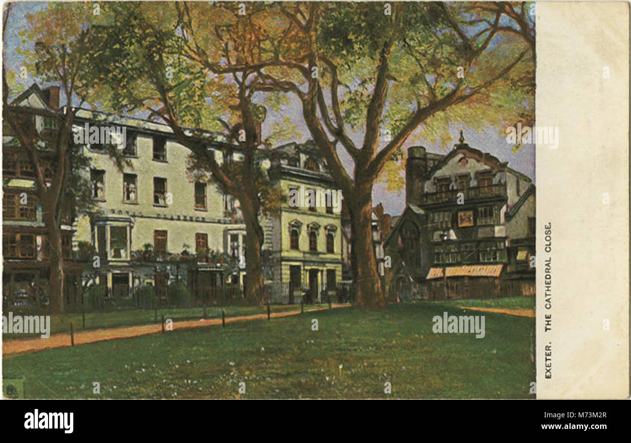 A historic image showing Exeter Cathedral Close, a picturesque area ...