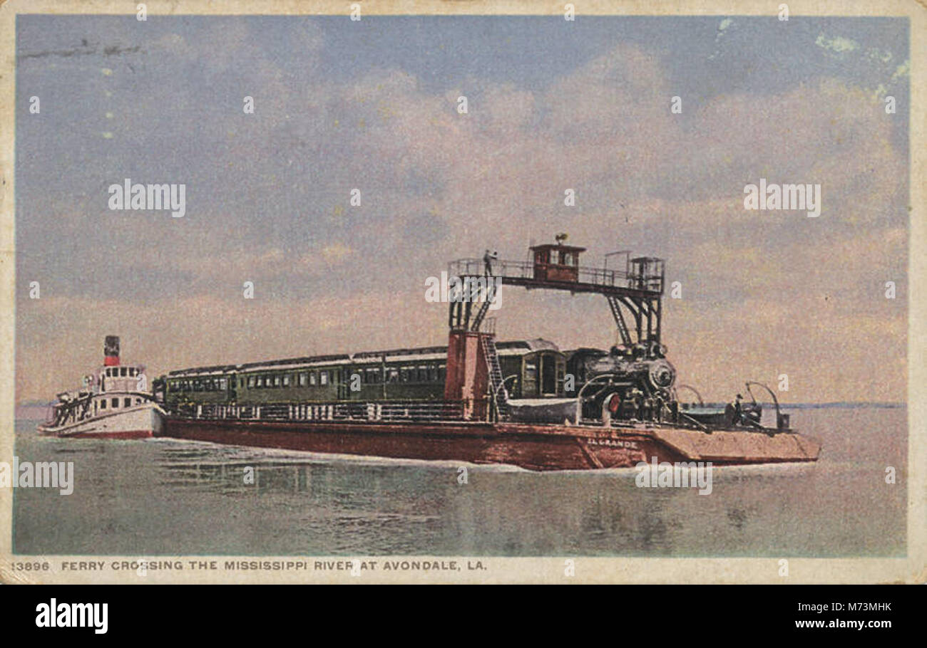 This photograph shows a ferry crossing the Mississippi River, a crucial ...