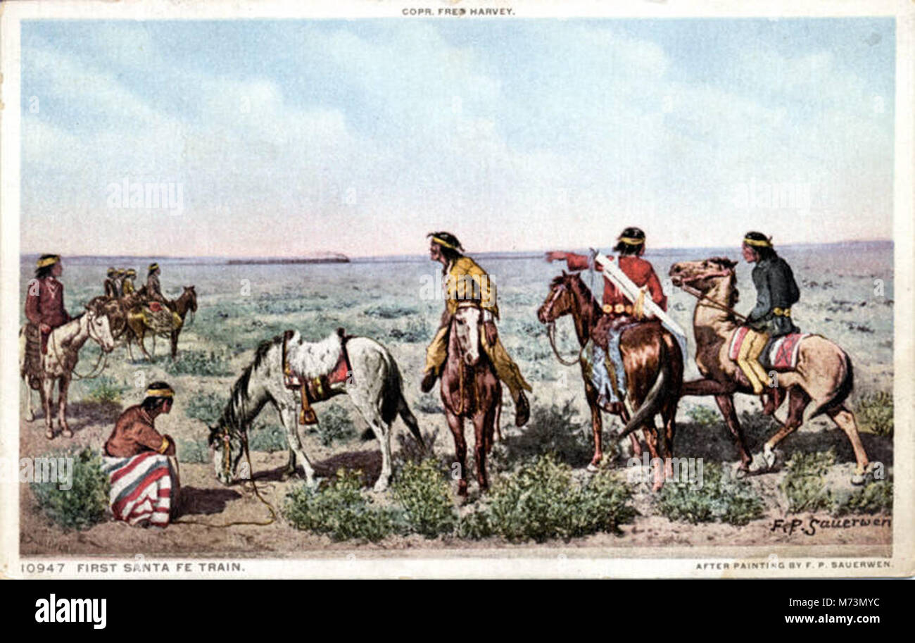 First Santa Fe train, after painting by F.P. Sauwerwen (NBY 9121 Stock ...