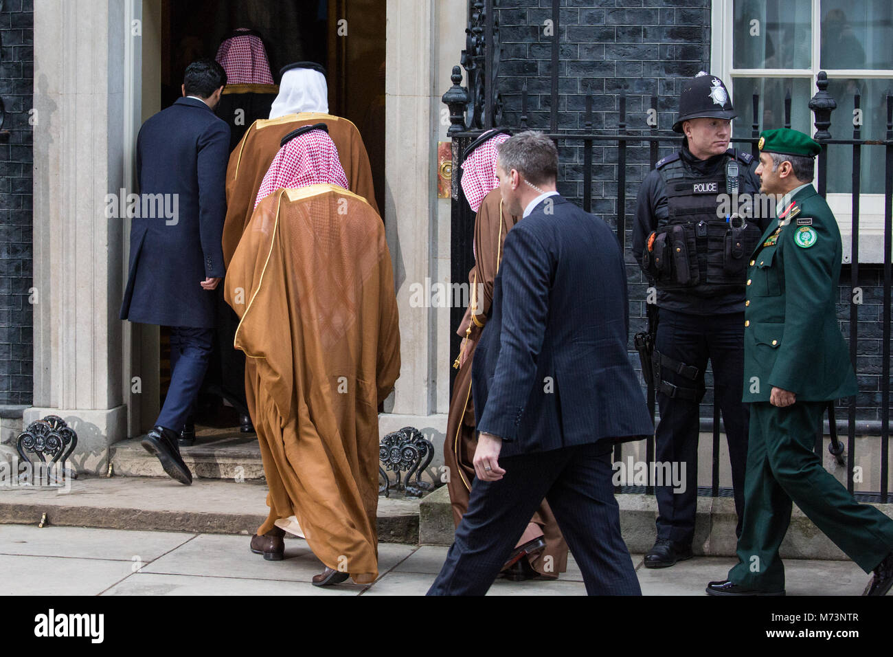 London, UK. 7th March, 2018. Saudi dignitaries accompanying Saudi Crown ...