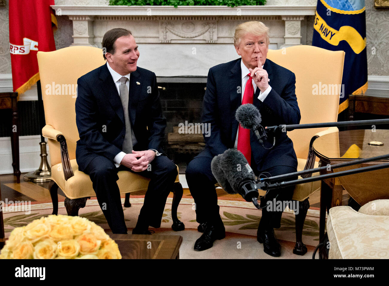 Washington, DC, USA. 6th Mar, 2018. U.S. President Donald Trump, places ...