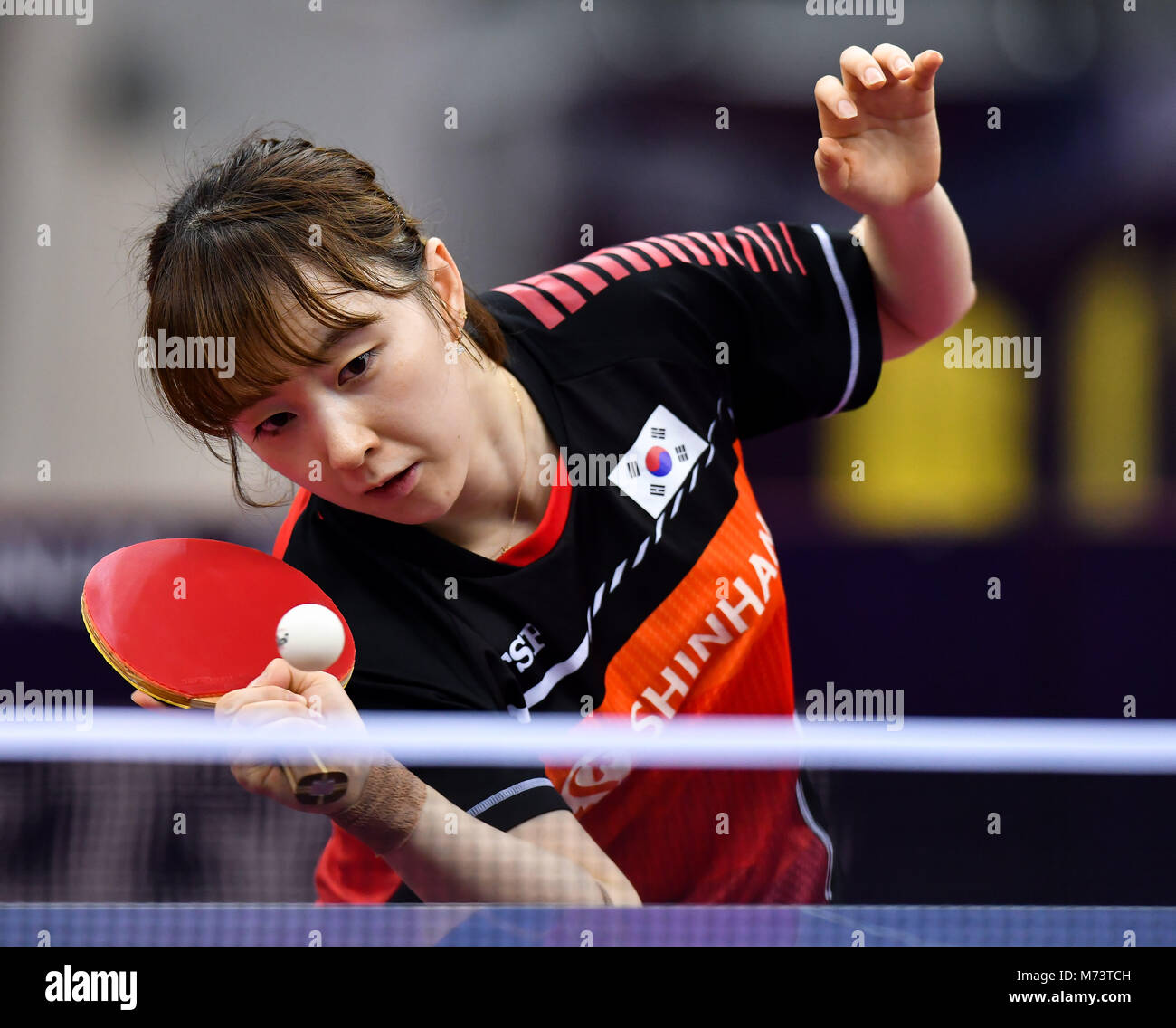 Doha. 8th Mar, 2018. Hyowon Suh of South Korea returns the ball during ...