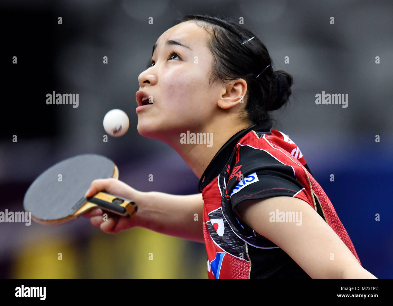 Doha. 8th Mar, 2018. Ito Mima of Japan serves during the women's ...