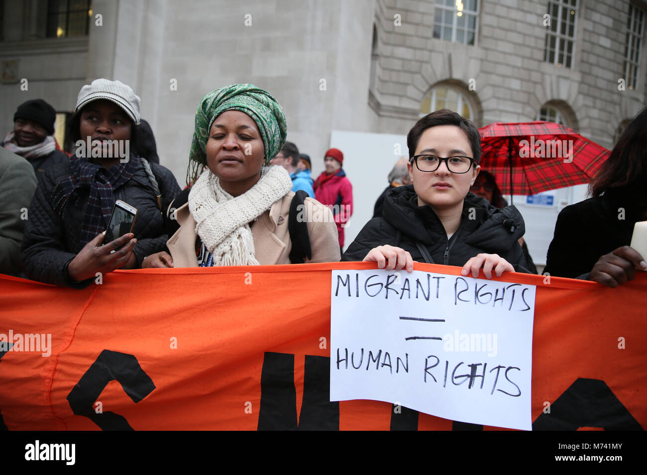 Yarlswood, Manchester. 8th Mar, 2018. A poster which reads "Migrant ...