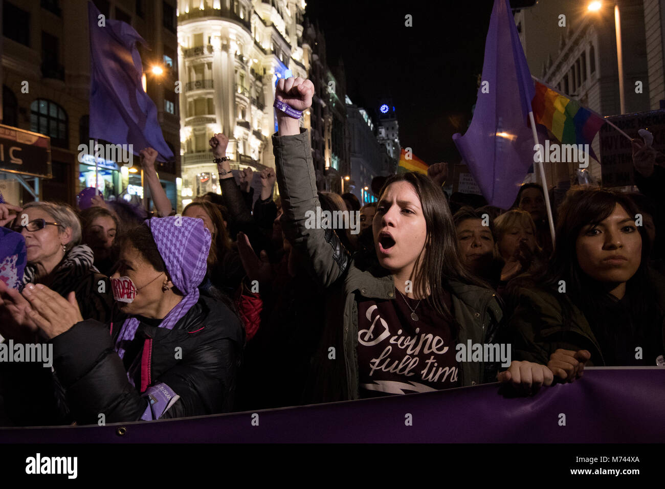 Madrid, Spain. 8th March, 2018. A woman shouting with the fist in the ...