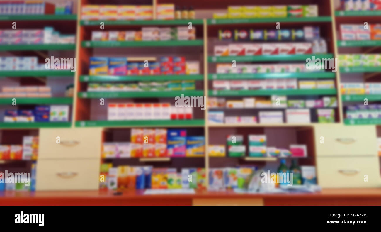blurred photo of pharmacy interior Stock Photo - Alamy