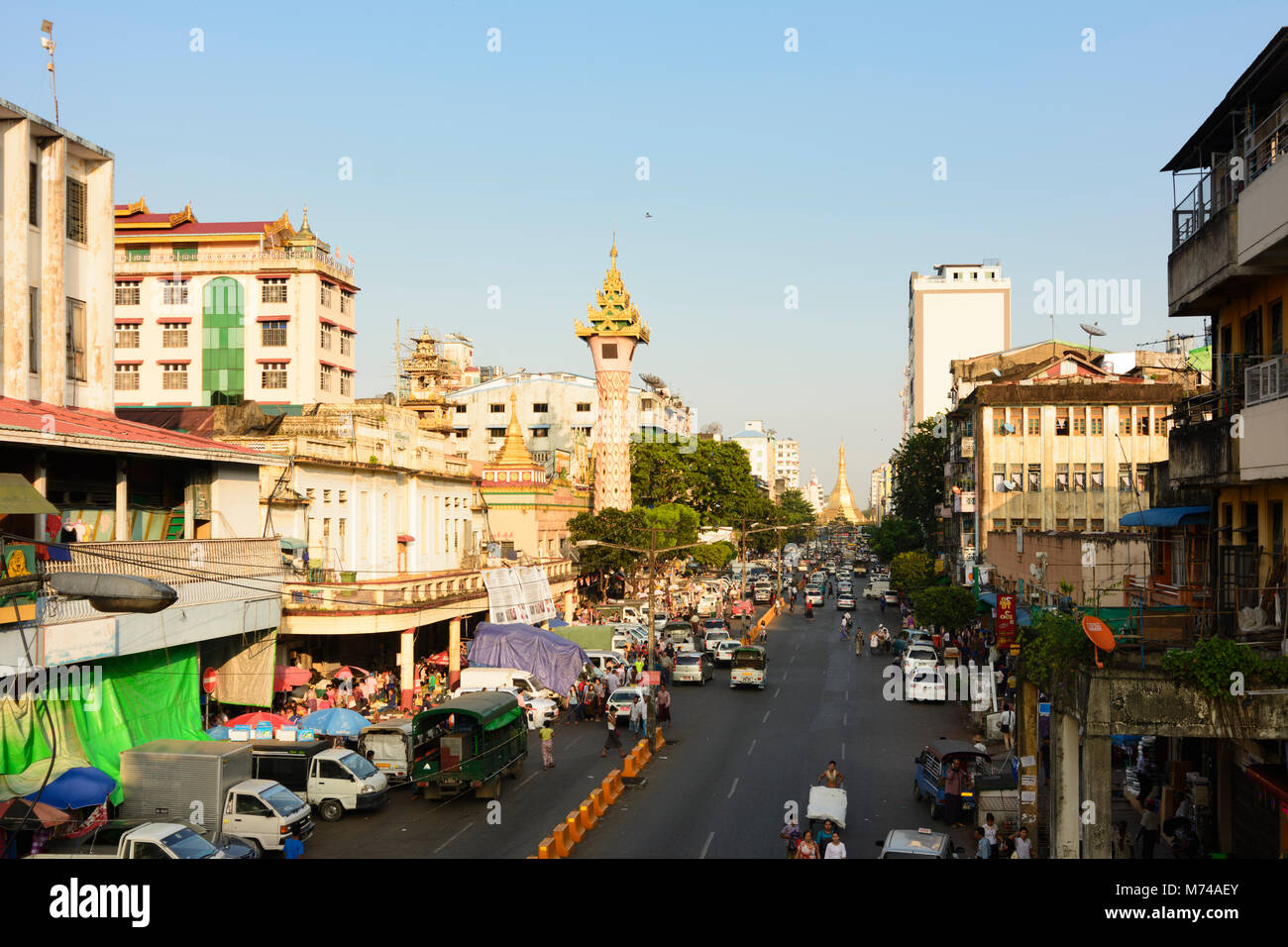 Yangon (Rangoon): Maha Bandoola Road, view to golden Sule Pagoda ...