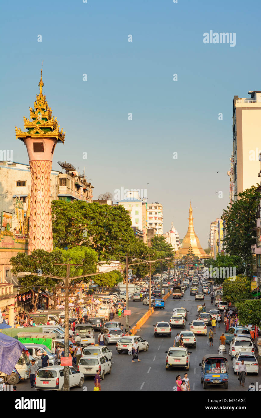 Yangon (Rangoon): Maha Bandoola Road, view to golden Sule Pagoda ...