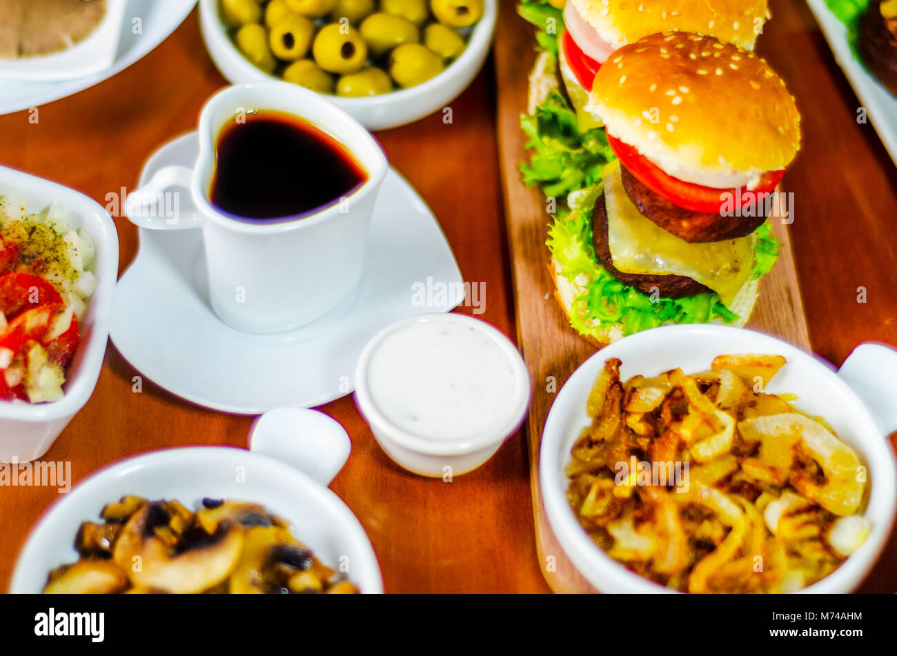 mini burgers with meat, vegetables, cheese and other toppings, bread ...