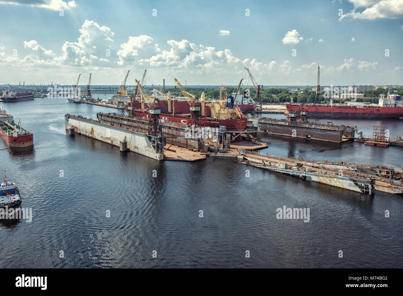 Shipyard Riga City Daugava mangali ship tanker ripair park on the river ...
