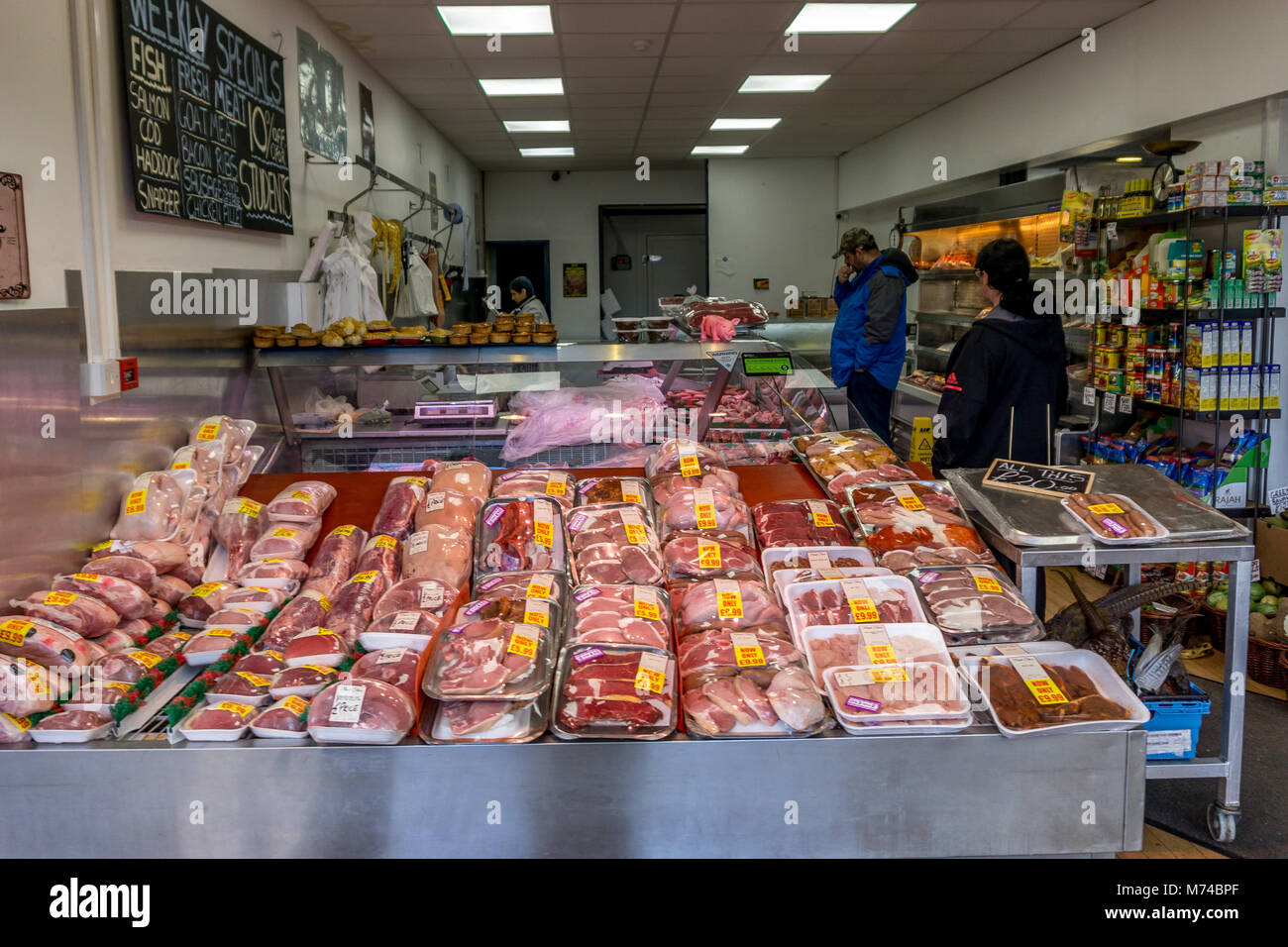 Meat for sale at a market stall in the Queensgate Market,, West ...