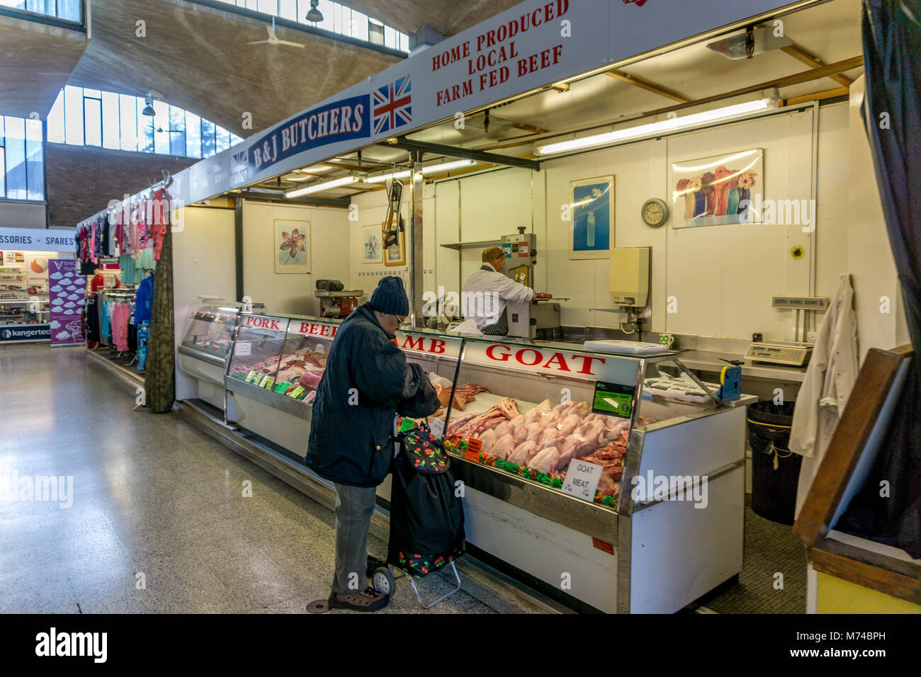 Meat for sale at a market stall in the Queensgate Market,, West ...