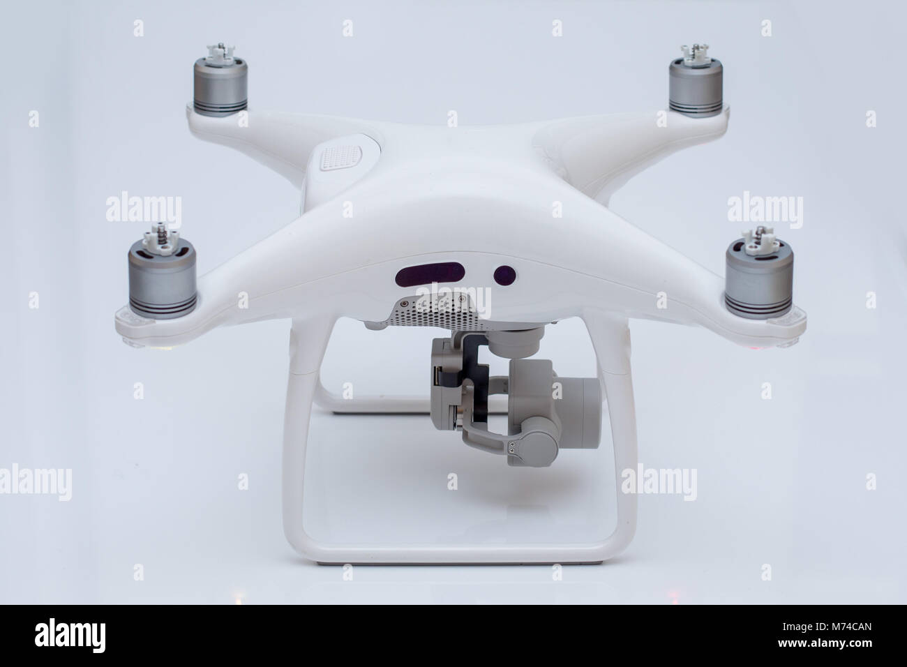 Drone, white studio background shooting, quadrocopter fpv fly lens ...