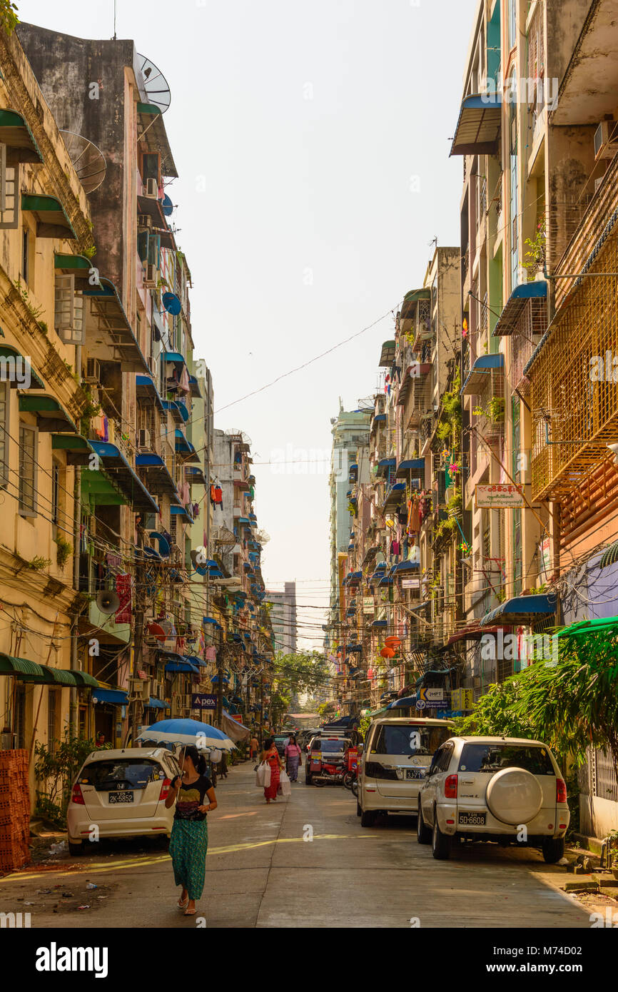 Yangon (Rangoon): residential house houses, clothes drying, balcony ...