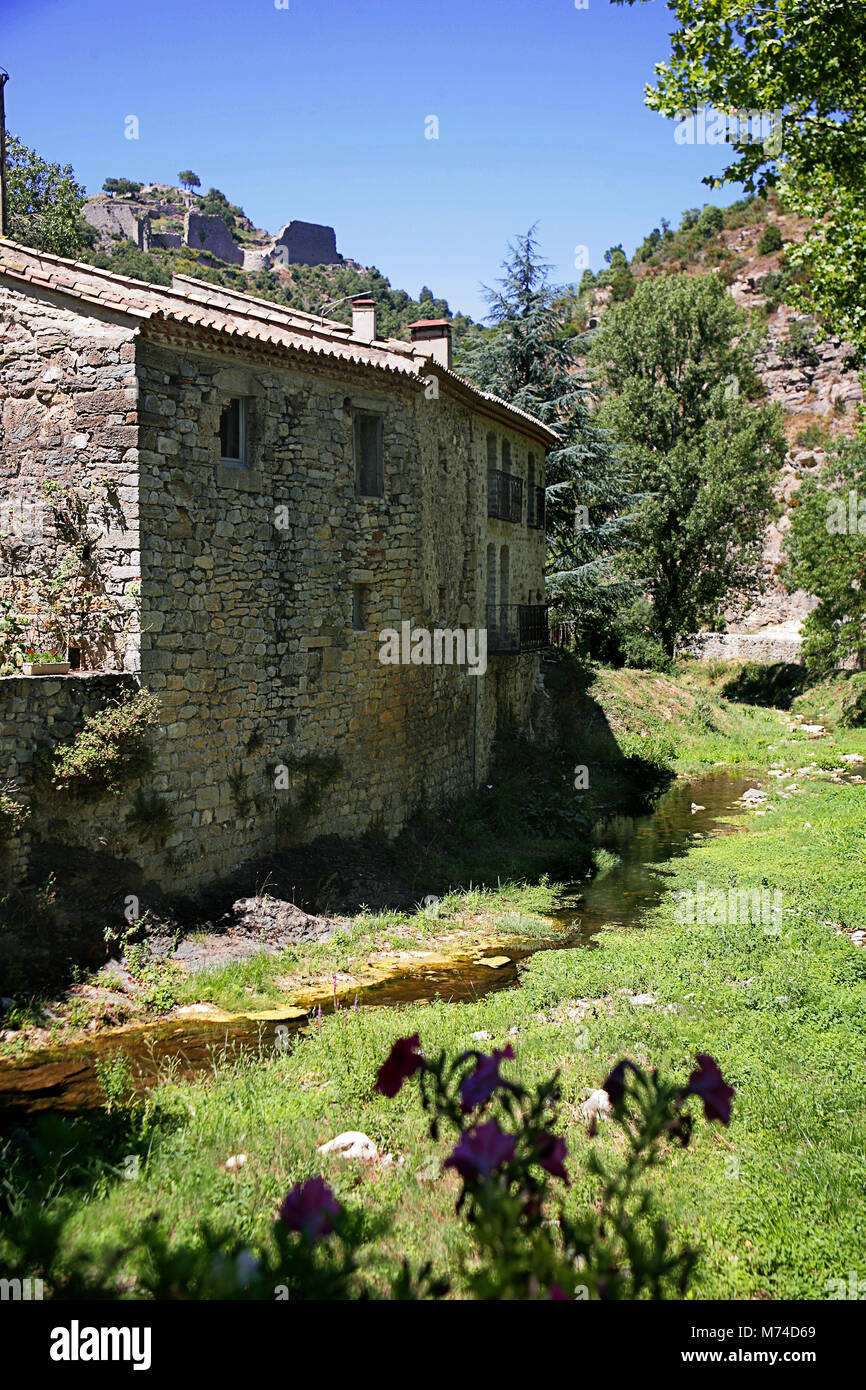 Termes, Corbieres, Aude, Occitanie, France, with the ruined chateau ...