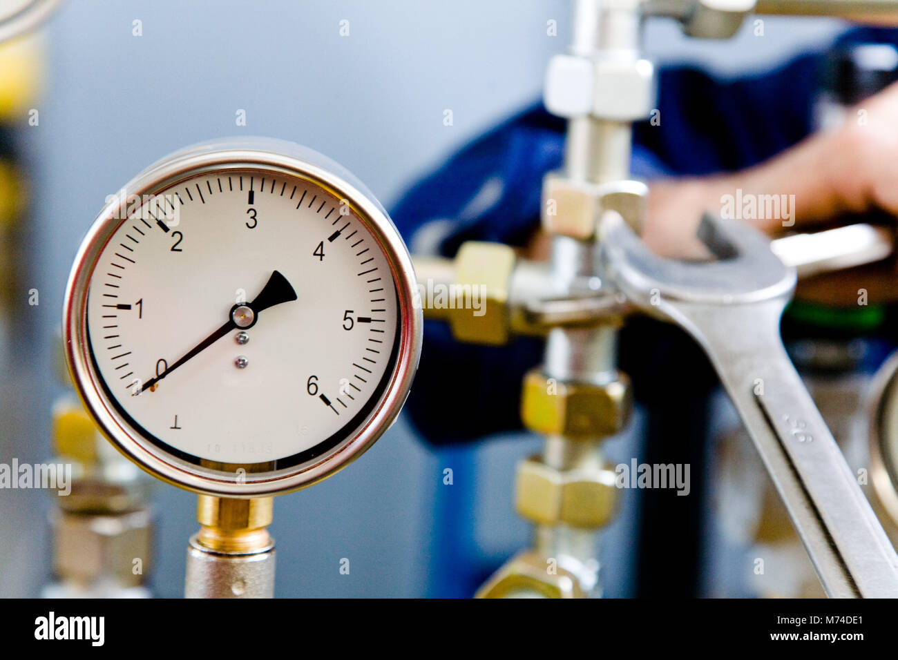 Yellow pipeline and measuring tool pressue technology valve Stock Photo ...