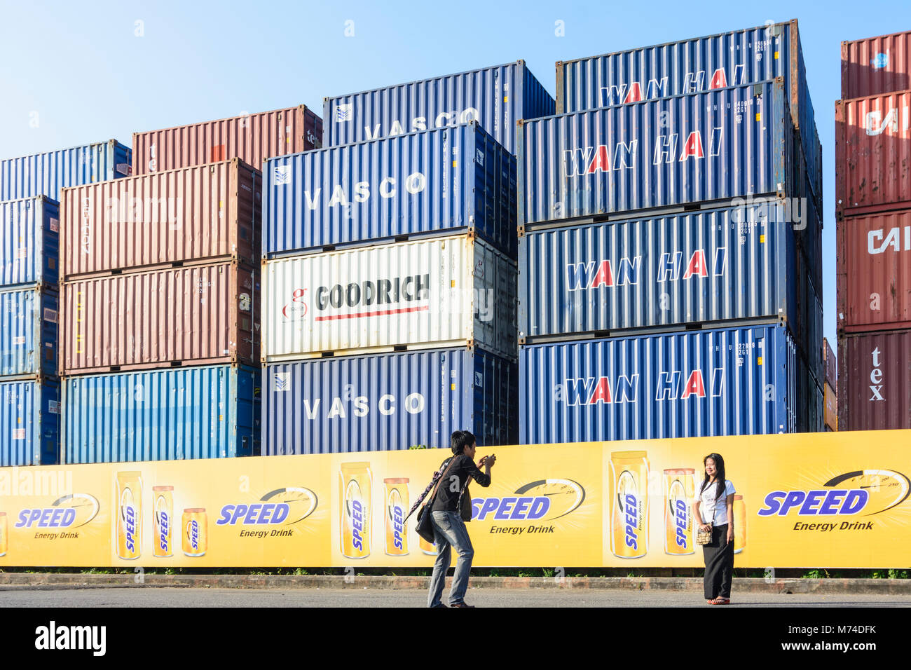 Yangon (Rangoon): container at port, photo taking couple, , Yangon ...