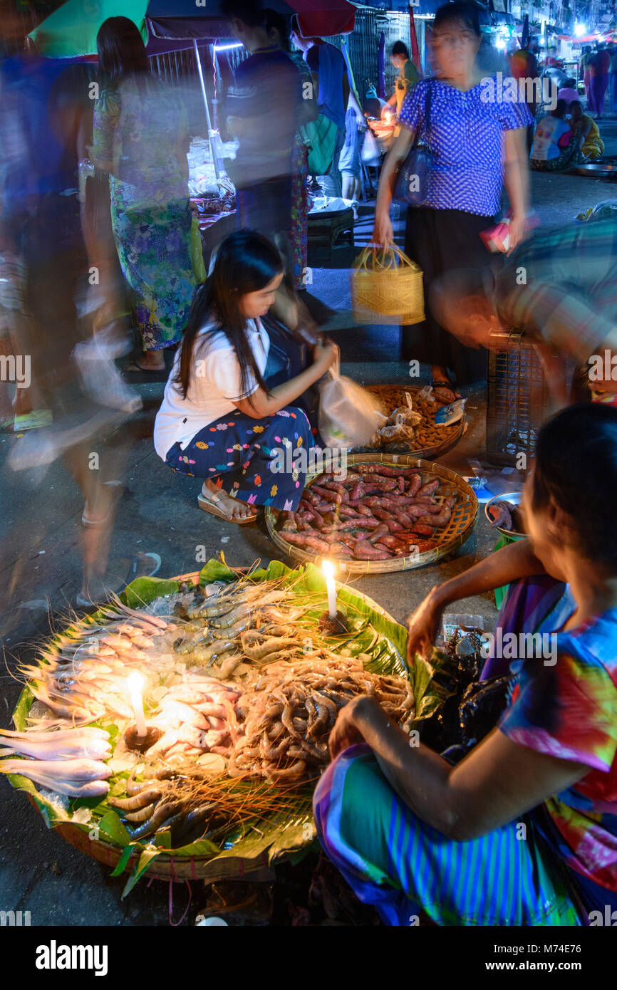 Yangon (Rangoon): market area, fish seafood stand, Colonial Quarter ...