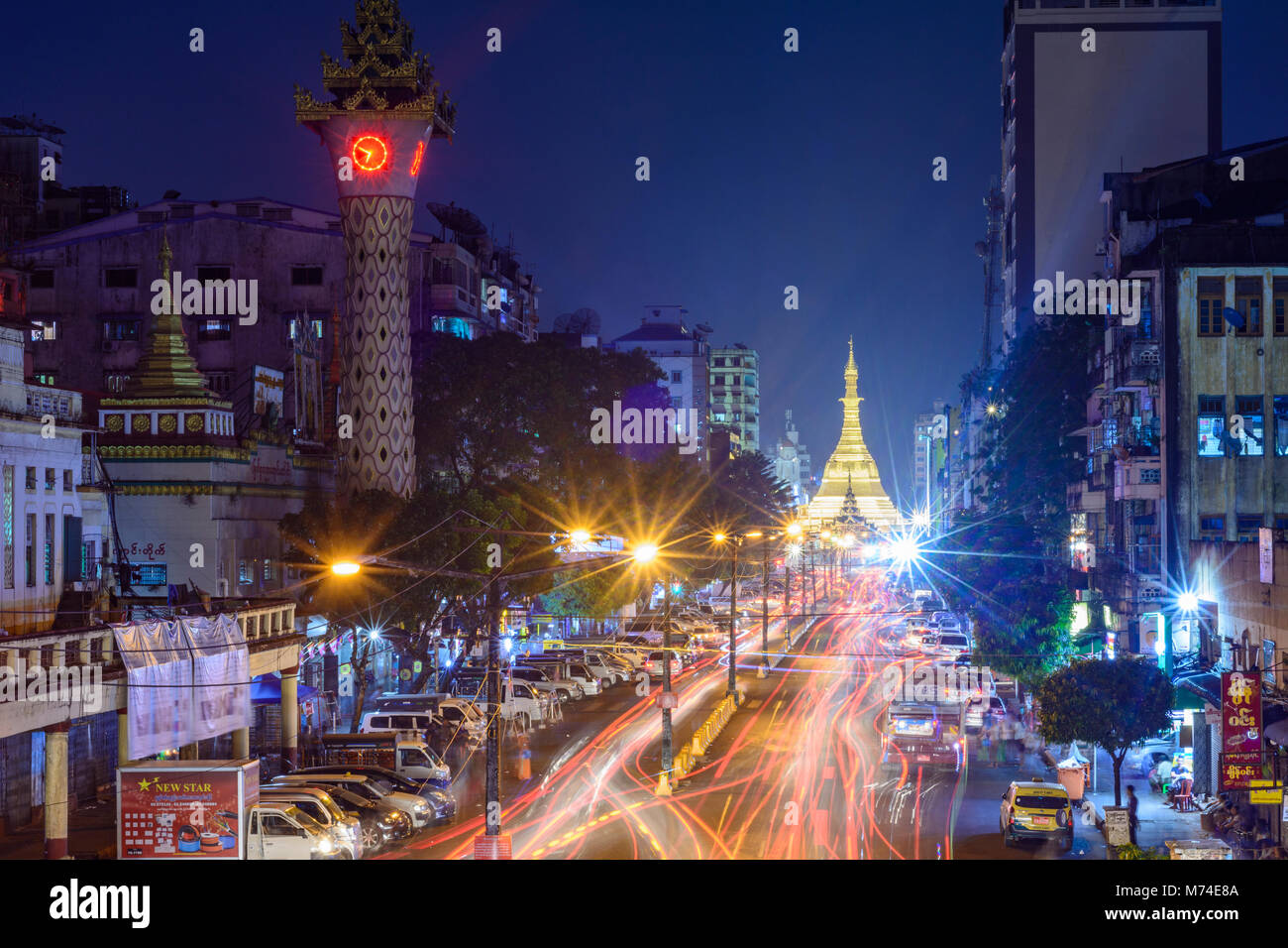 Yangon (Rangoon): Maha Bandoola Road, view to golden Sule Pagoda ...
