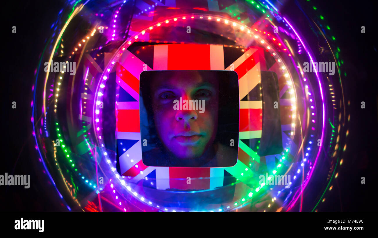 Man face lights led party time flag Stock Photo - Alamy