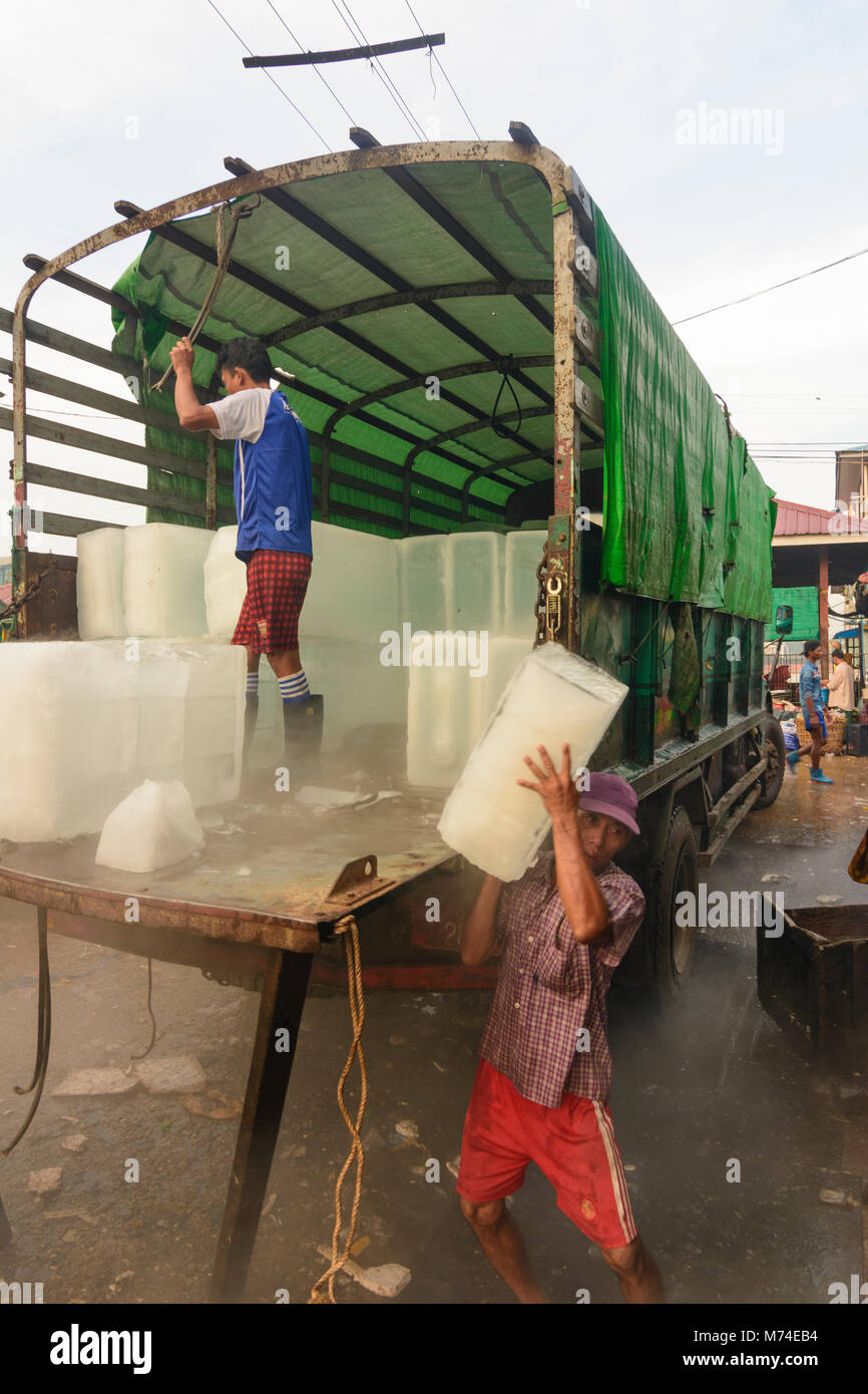 Yangon (Rangoon): San Pya Fish Market: ice transport for fish boxes ...