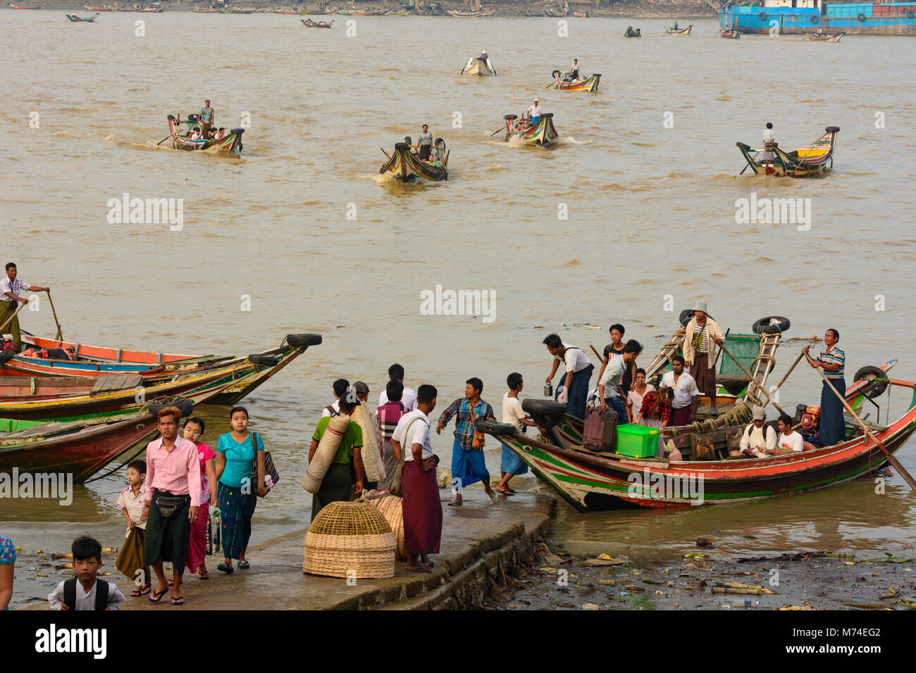 Yangon (Rangoon): small private ferry boat boats at morning at Yangon ...