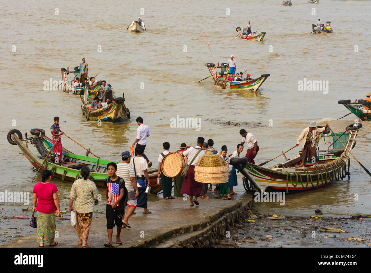 Yangon (Rangoon): small private ferry boat boats at morning at Yangon ...
