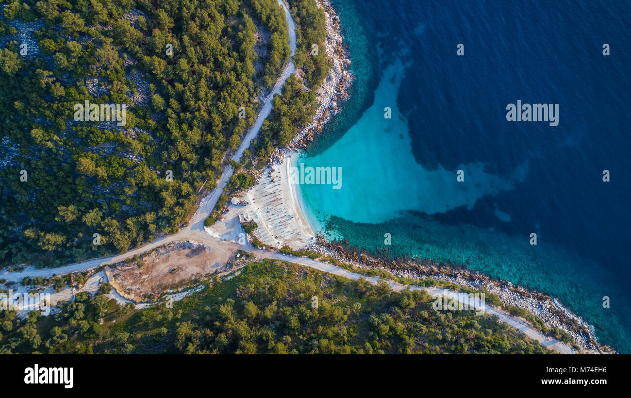 Aerial view of Marble beach. The most beautiful white beach in Greece ...