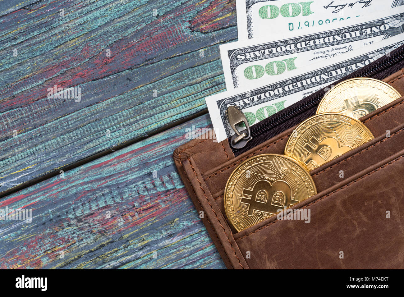 Bitcoin golden coin New virtual money and dollar background Stock Photo ...