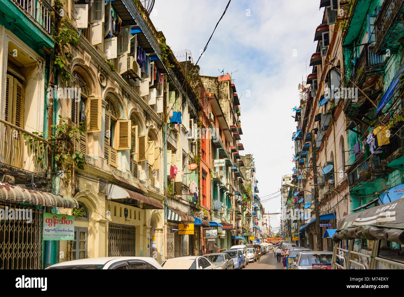 Yangon (Rangoon): residential house houses, clothes drying, balcony ...