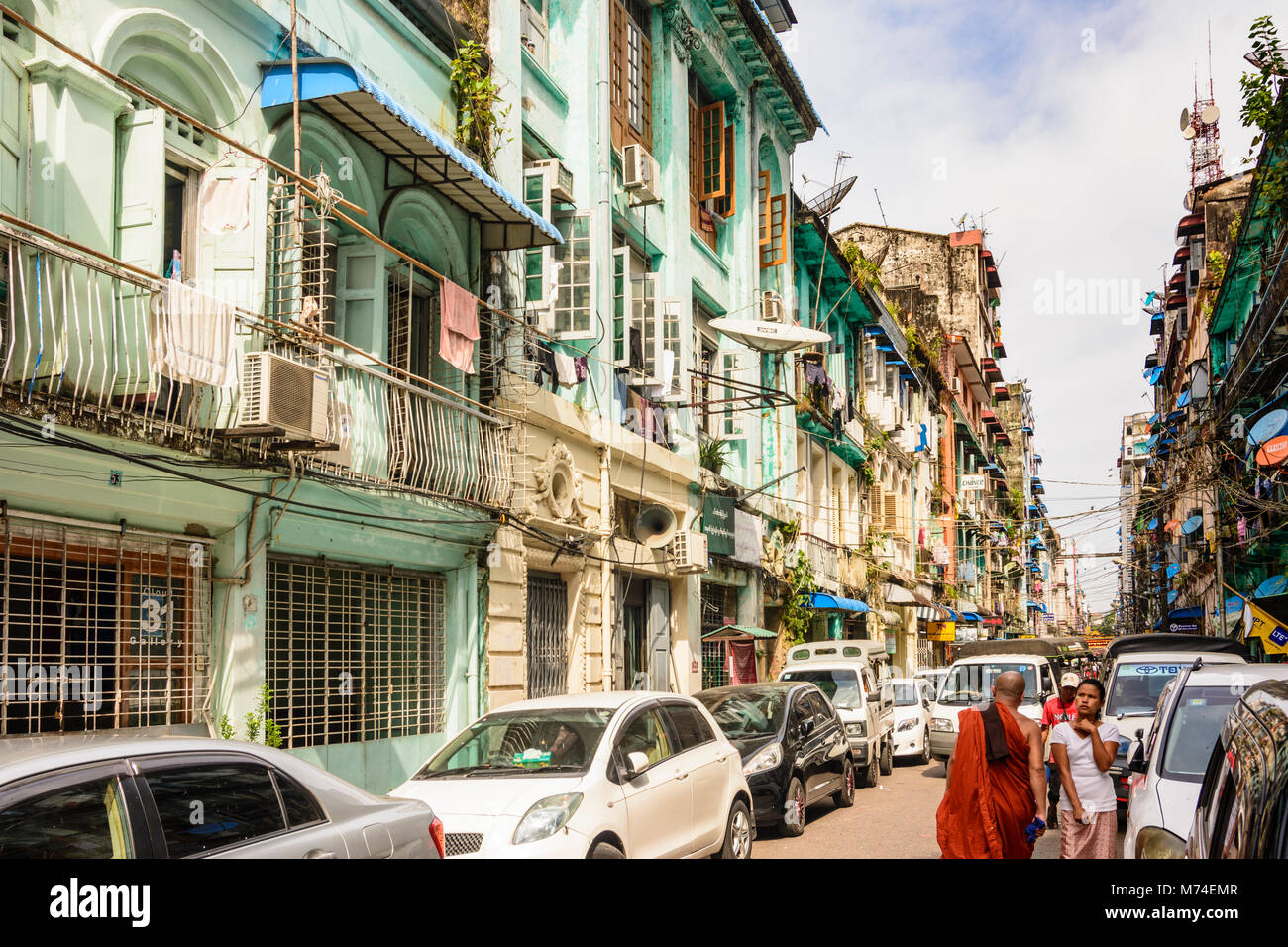 Yangon (Rangoon): residential house houses, clothes drying, balcony ...