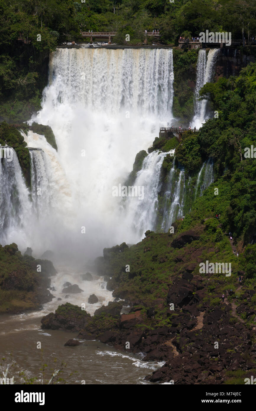 Elevated panorama Iguazu Falls waterfalls with perspective distant tiny ...