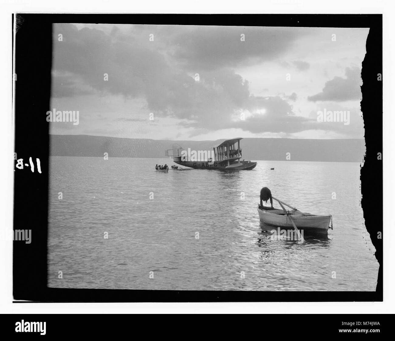 The flying boat 'Satyrus' is shown on the Sea of Galilee, captured in ...