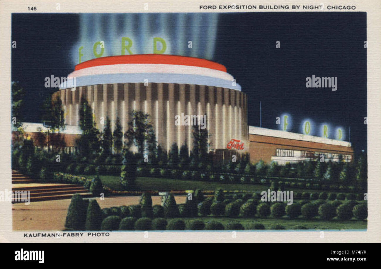 A night view of the Ford Exposition Building in Chicago, illuminated ...