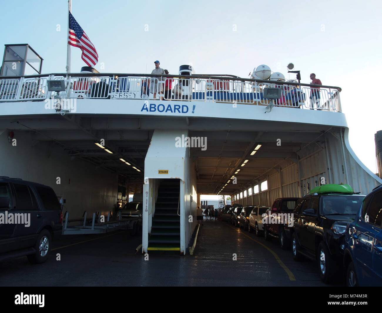 Passengers aboard an early summer morning ferry trip from Cape May NJ ...