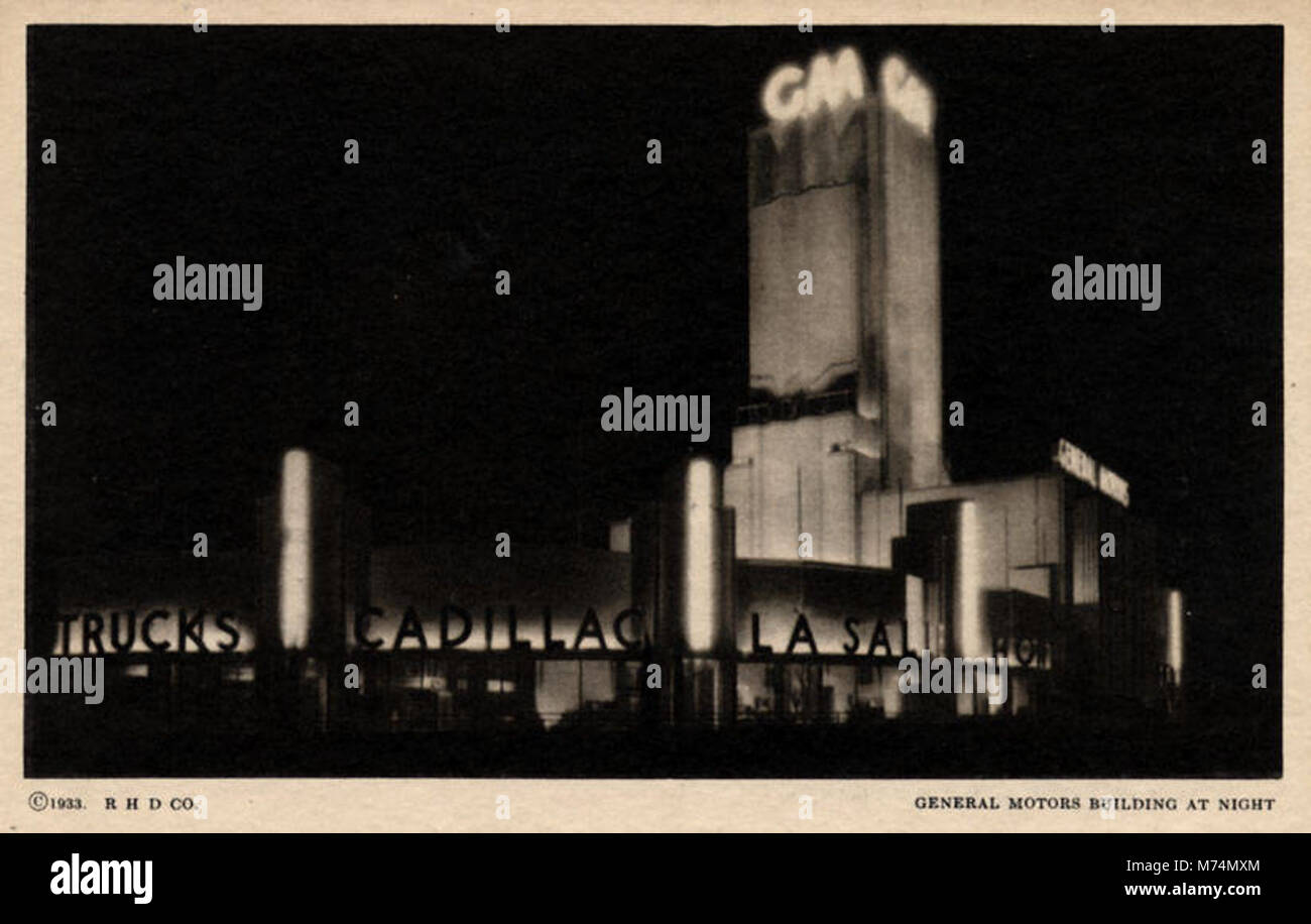 This image shows the General Motors Building at night, illuminated ...