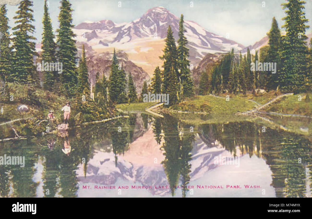 A scenic view of Mount Rainier and Mirror Lake in Rainier National Park ...