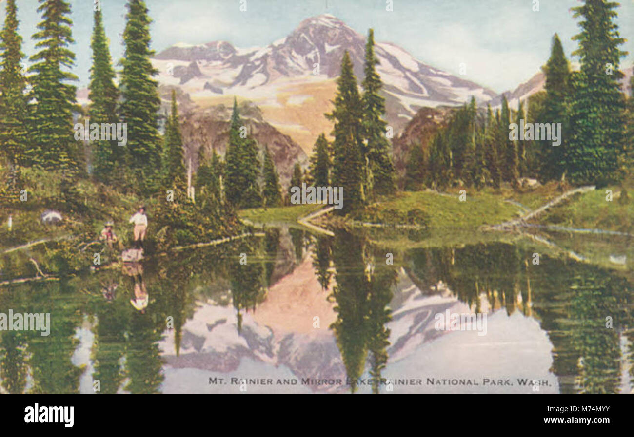 General views of Mount Rainier and Mirror Lake in Rainier National Park ...