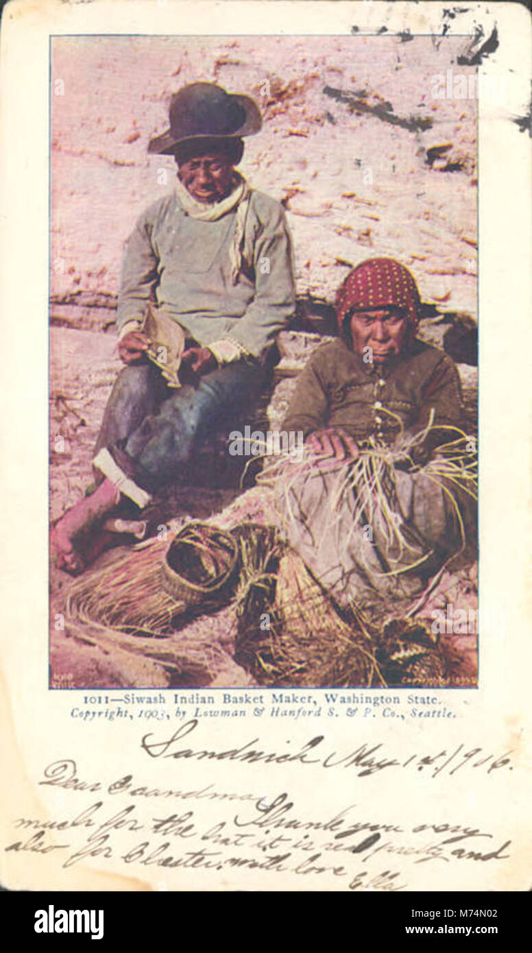 This image shows a Siwash Indian basket maker, part of the indigenous ...
