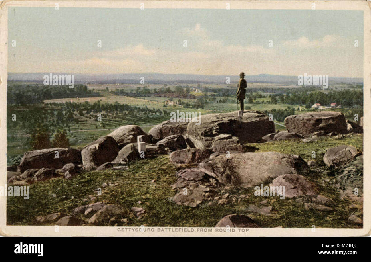 A view of the Gettysburg Battlefield taken from Round Top, capturing ...