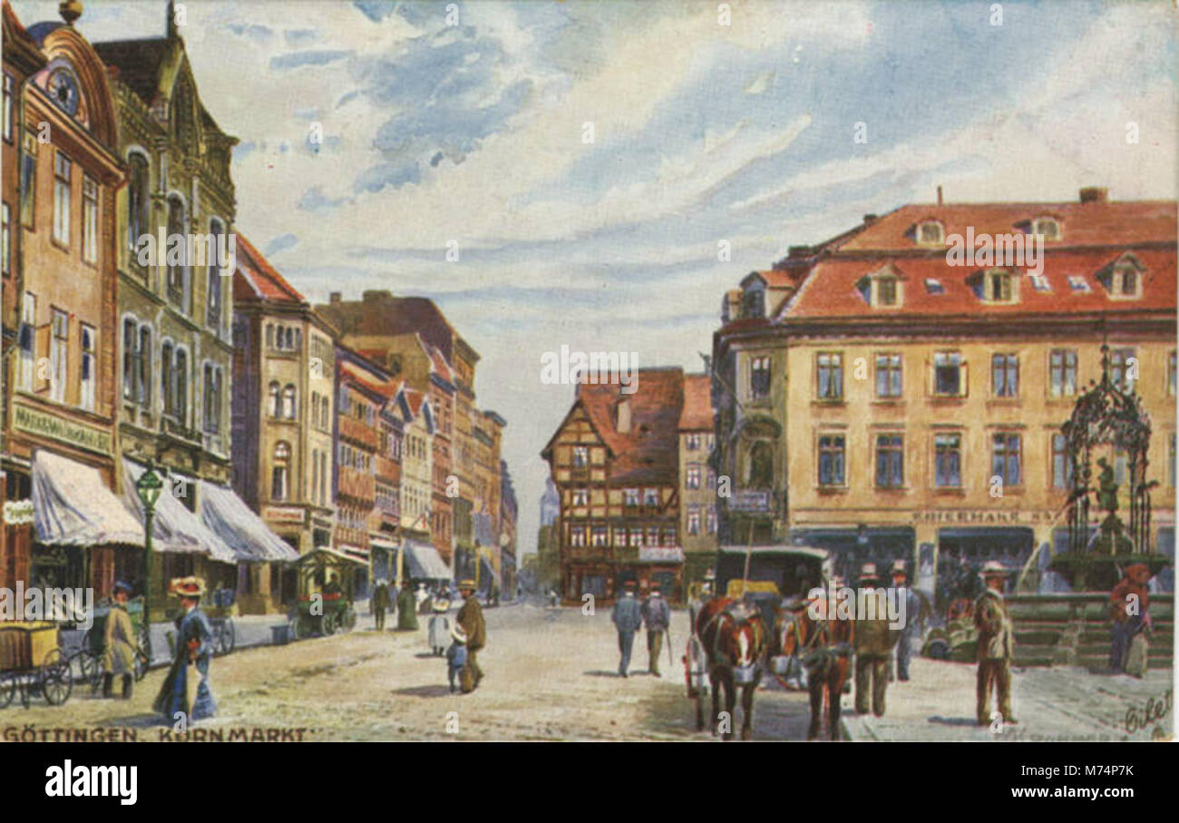 A view of Kornmarkt in Gottingen, Germany, highlighting the historic ...