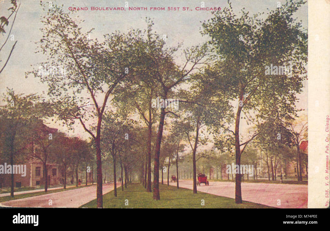 This image depicts a view of Grand Boulevard in Chicago, looking north ...